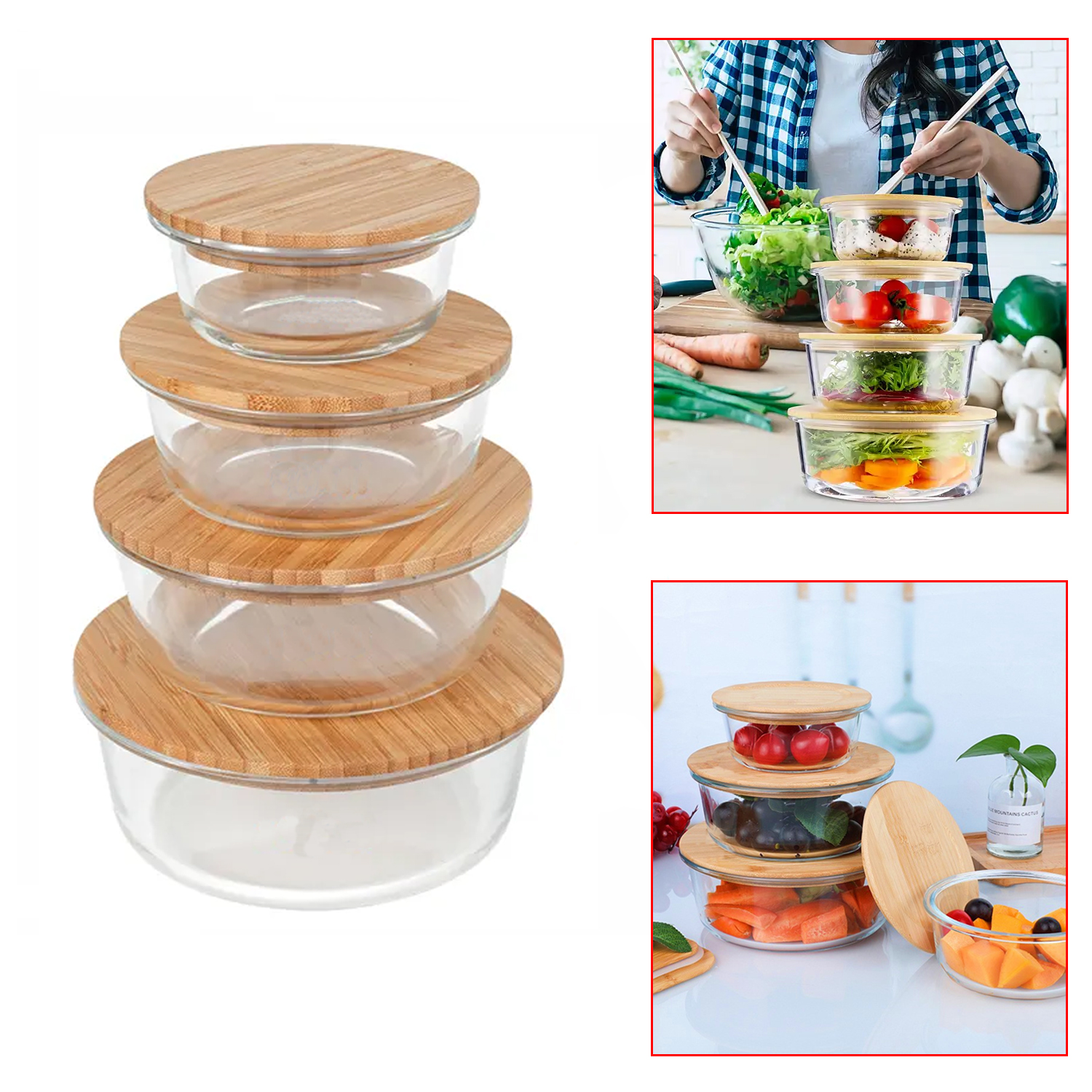 Round Glass Crisper Round Glass Food Container Bamboo Lid 400ml 620ml ...