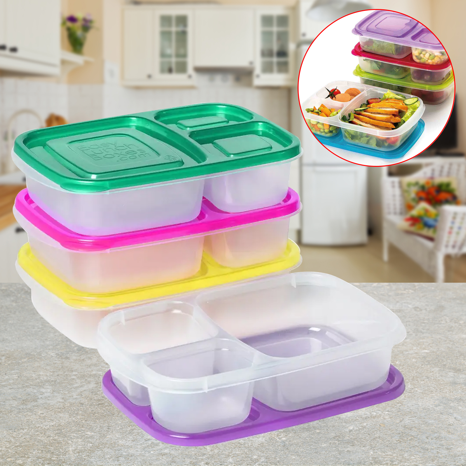 Multi Color Plastic Three Compartment Lunch Box Food Lunch Box ...