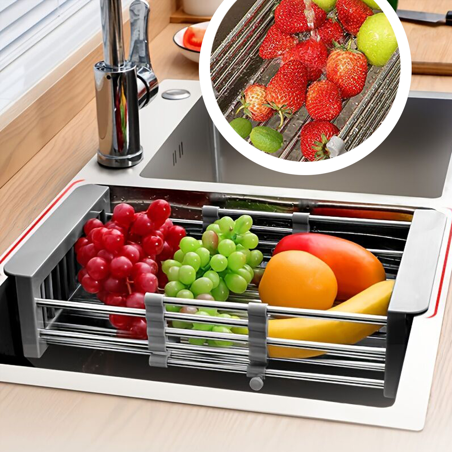 Telescopic Drain Basket with Adjustable Armrest, Kitchen Rack Drain ...