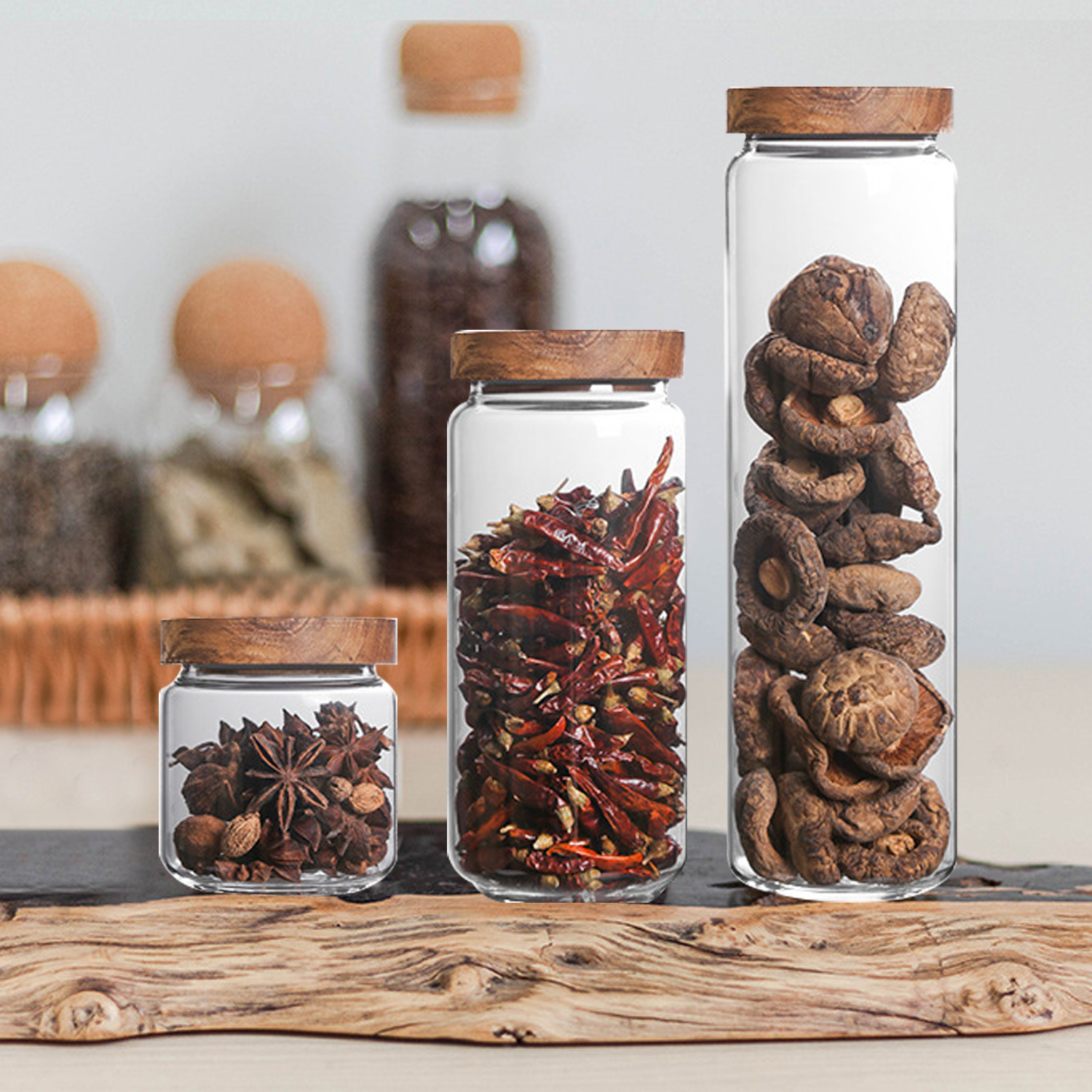 Wood Lid Glass Airtight Canister Kitchen Storage Bottles Jar Candy Food ...