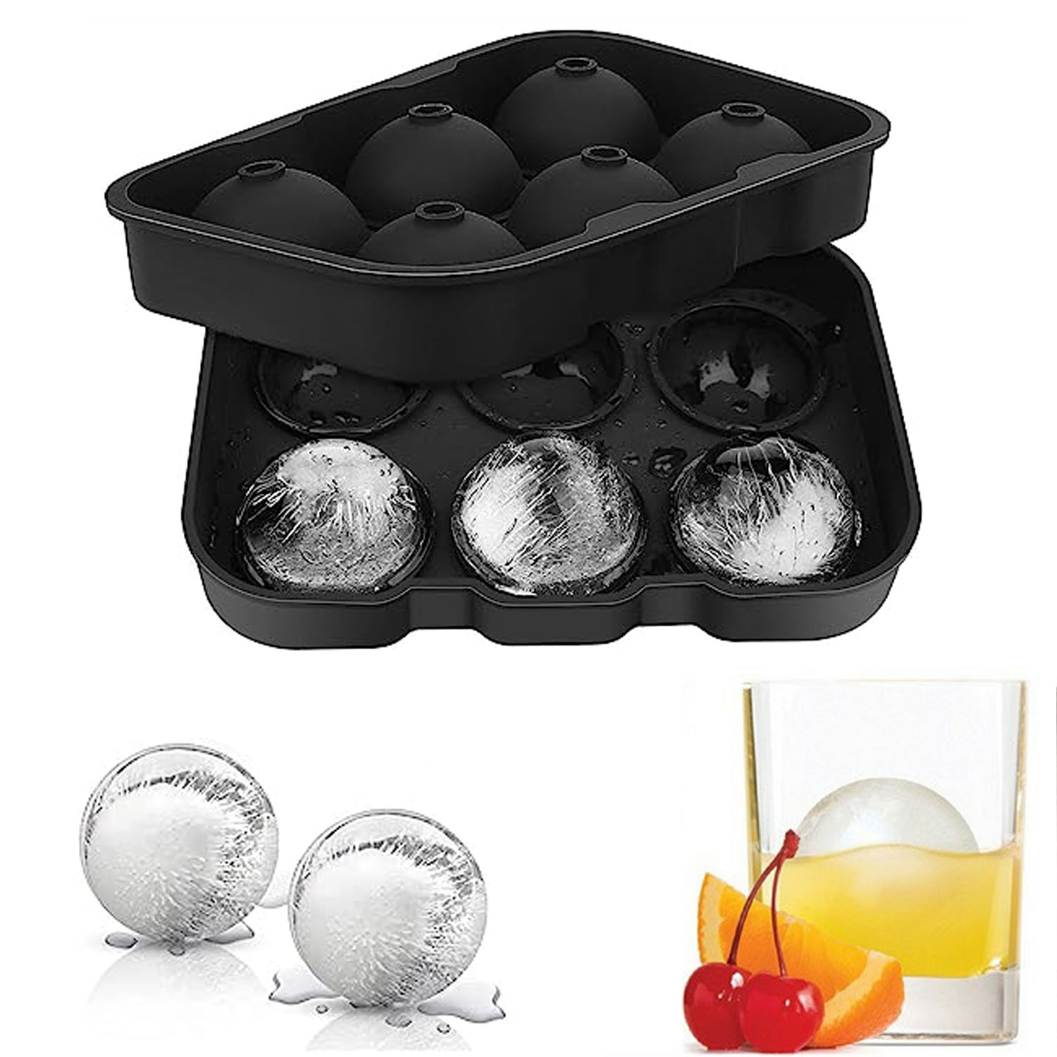 6 Balls Square Spherical Whiskey Ice Cubes Molded Silicone Ice Tray for ...