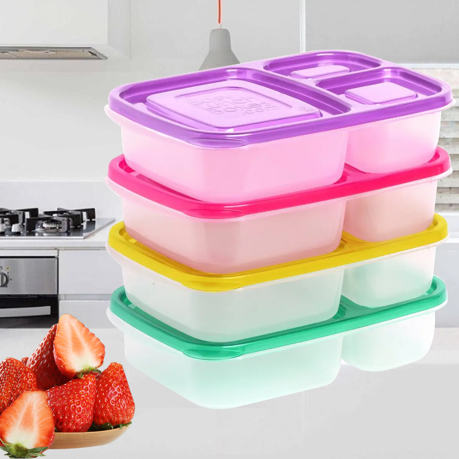 Multi Color Plastic Three Compartment Lunch Box Food Lunch Box ...